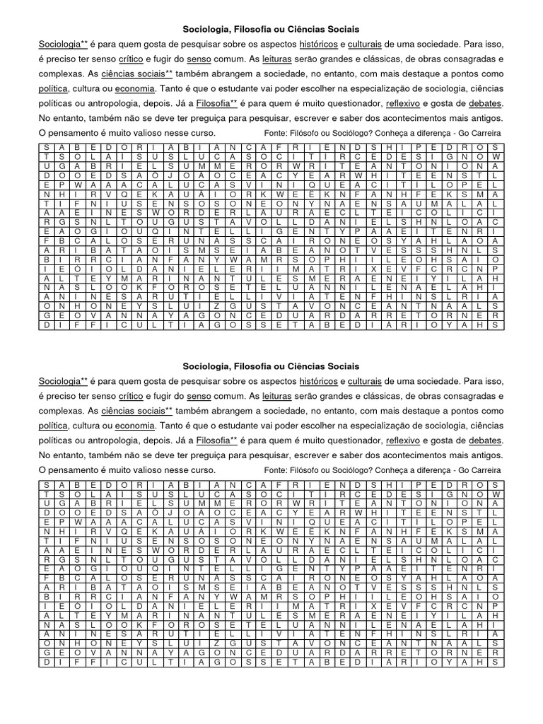 Caça Palavras Sociologia, Filosofia Ou Ciências Sociais - Branco | PDF ...