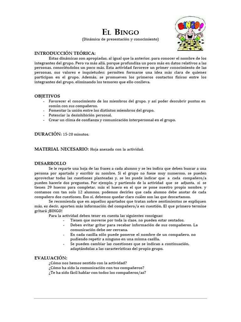 Dinámica de Bingo para Conocer al Grupo | PDF | Artes del Lenguaje y ...