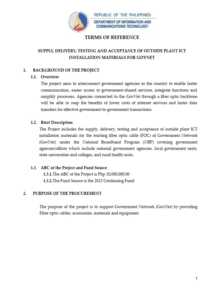 TOR - OSP Materials For GovNet - V4-Oct 23 | PDF | Optical Fiber ...