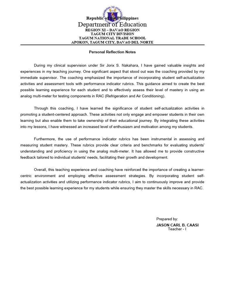 Personal Reflection Notes Caasi | PDF | Learning | Rubric (Academic)