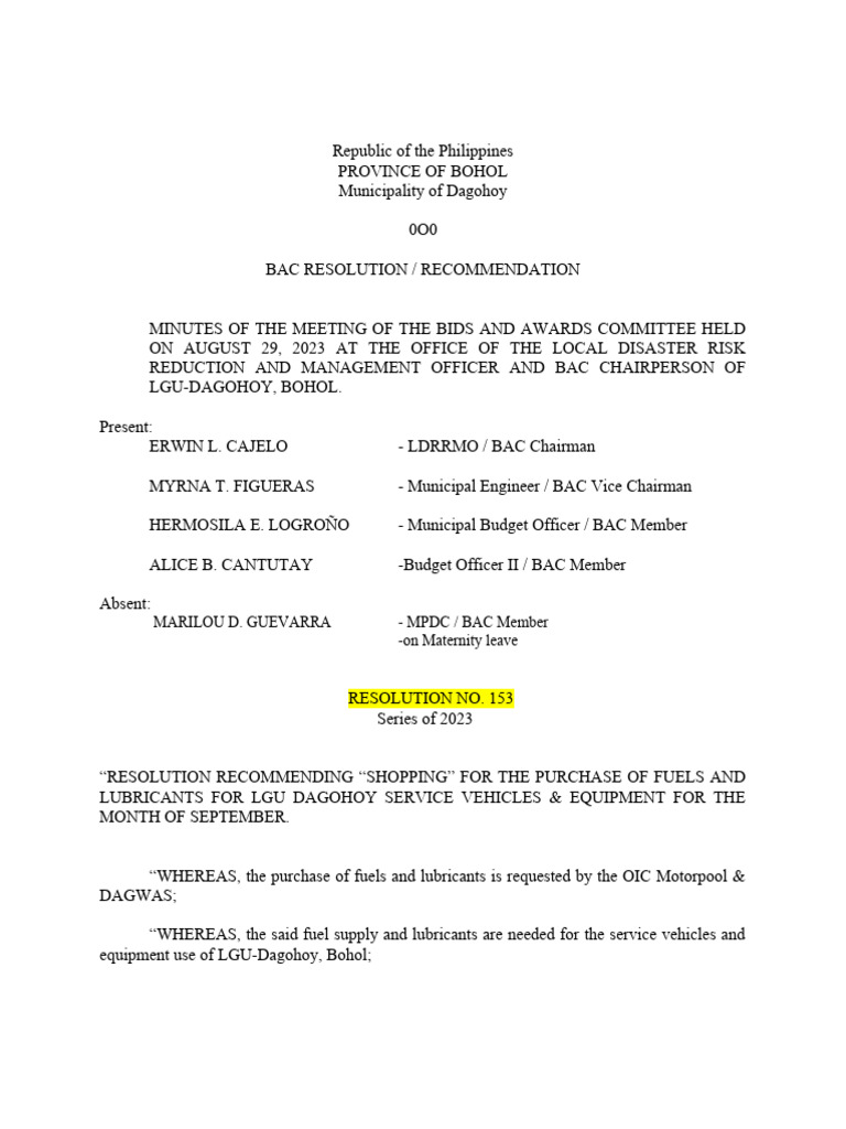 2022 Bac Resolution Dagohoy Gas Station LGU | PDF