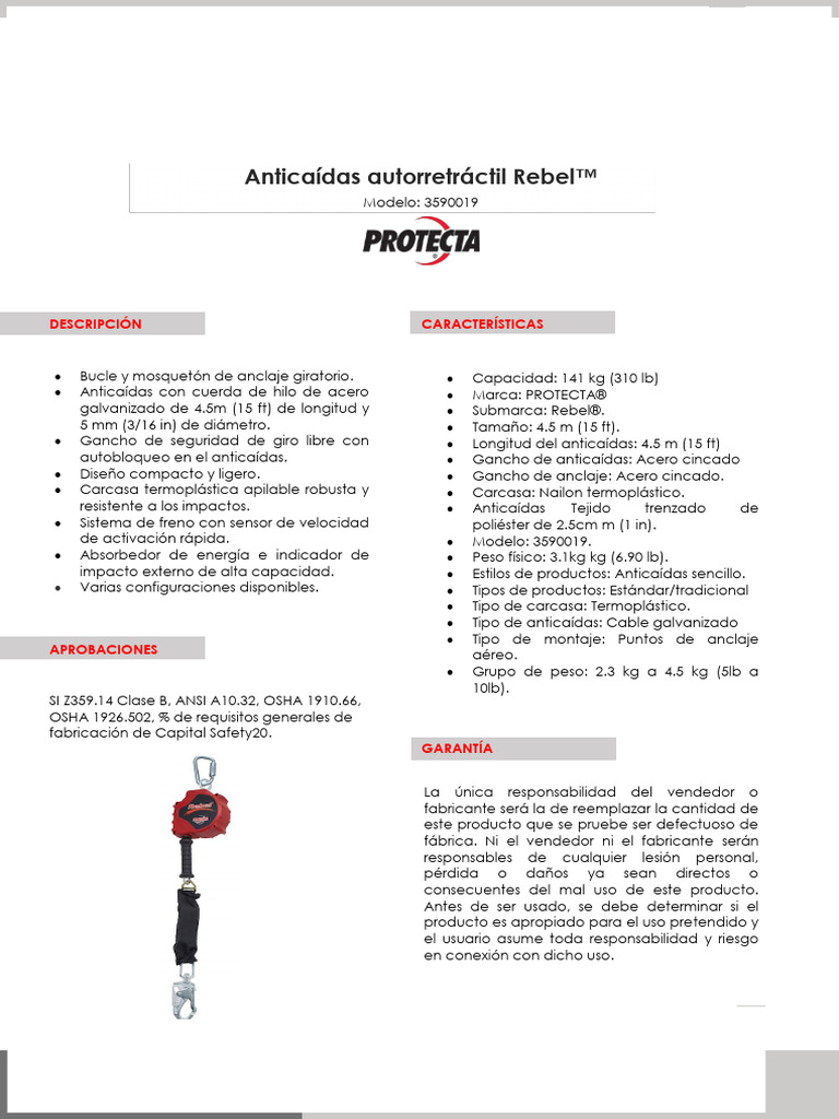Bloque Retractil Protecta 3590019 de 15 Pies 3m Rebel | PDF