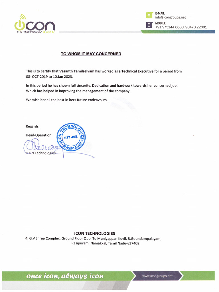 Vasanth Experience Letter | PDF