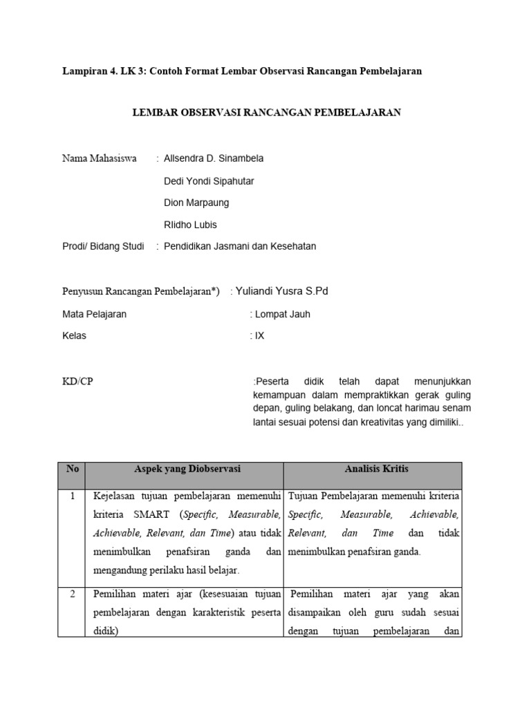 Lampiran - 4 - LK - 3 - Contoh - Format - Lembar - Observasi - Rancangan - Pembelajaran 1 | PDF ...