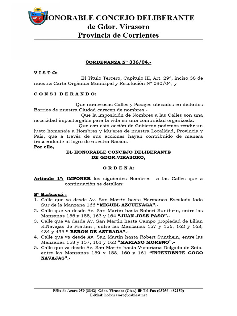 Ordenanza #336-04 Imponer Nombres A Calles | PDF