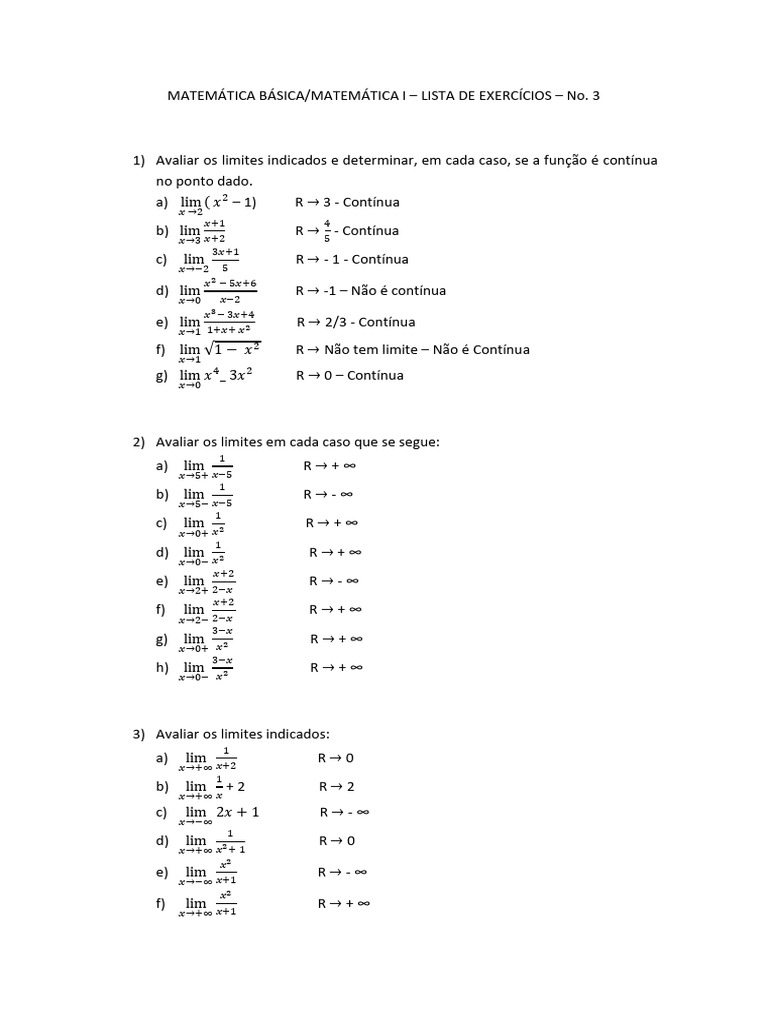 Lista de Exercícios 3 MATEMÁTICA BÁSICA PDF | PDF | Função contínua ...