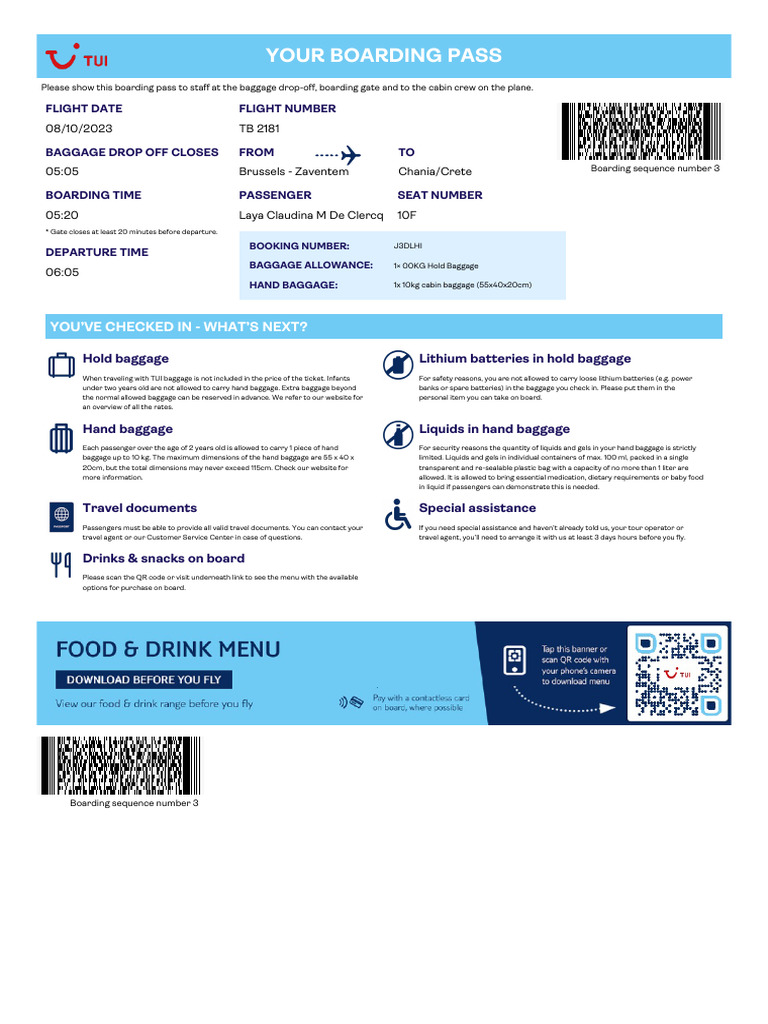 Laya Claudina M de Clercq Boarding Pass 2023-10-08 BRU-CHQ | PDF | Baggage