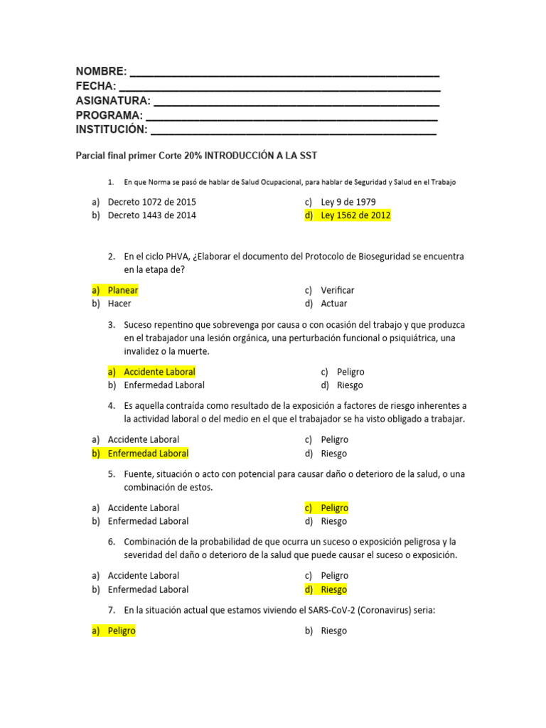 Evaluación Final Primer Corte Introducción A La SST | PDF | Panes