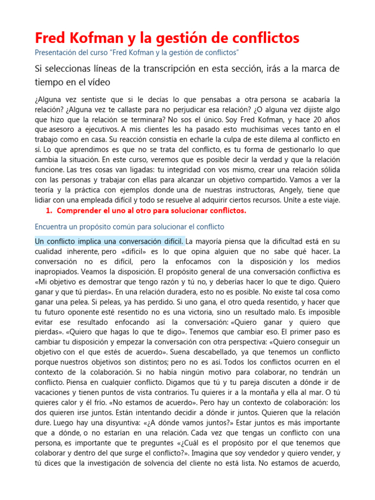 La Gestion de Conflictos Fred Kofman | PDF | Negociación | Verdad