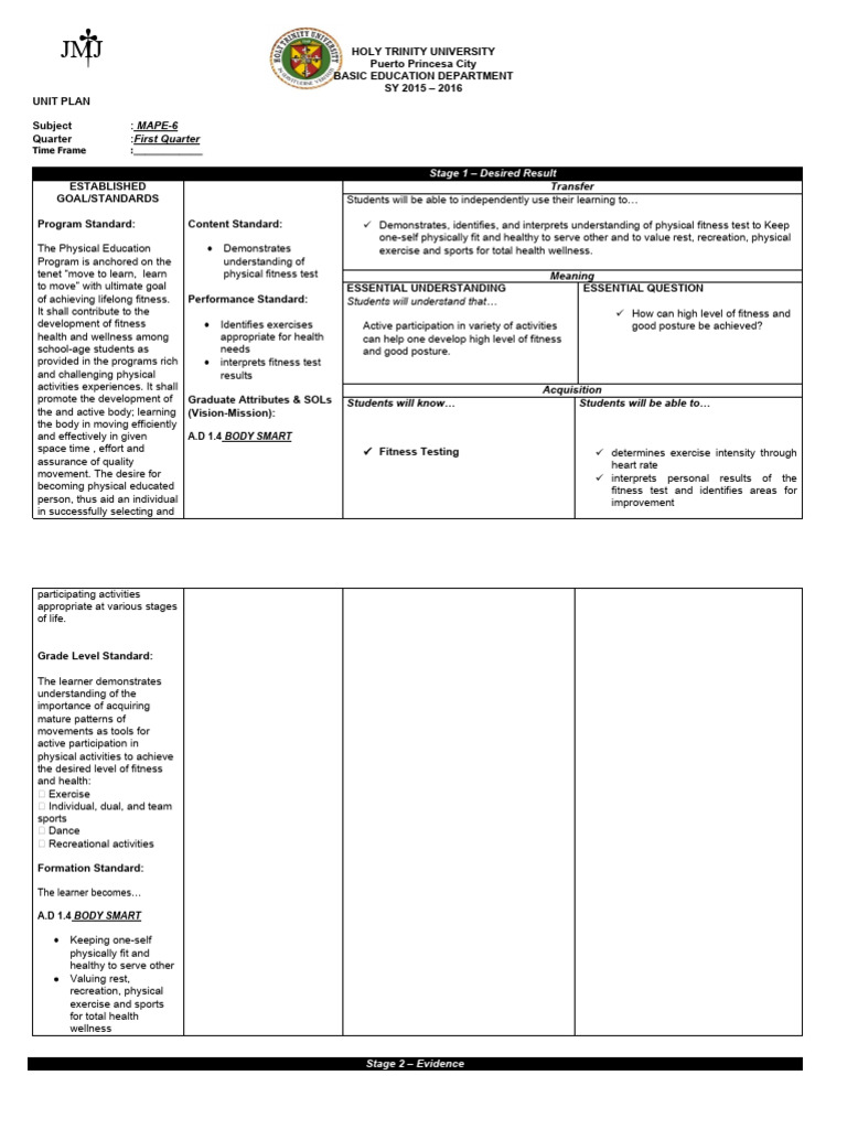 UnitPlan (P.E) Grade 6 | PDF | Physical Fitness | Rubric (Academic)