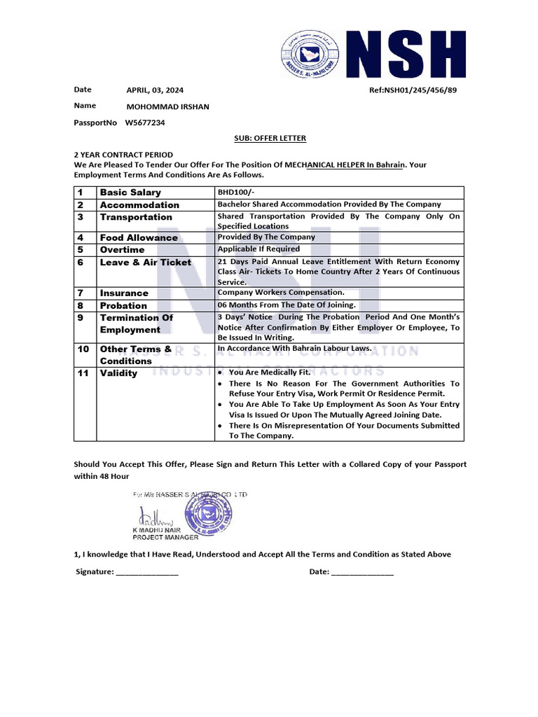 w5677234 NSH Bahrain Offer Letter | PDF