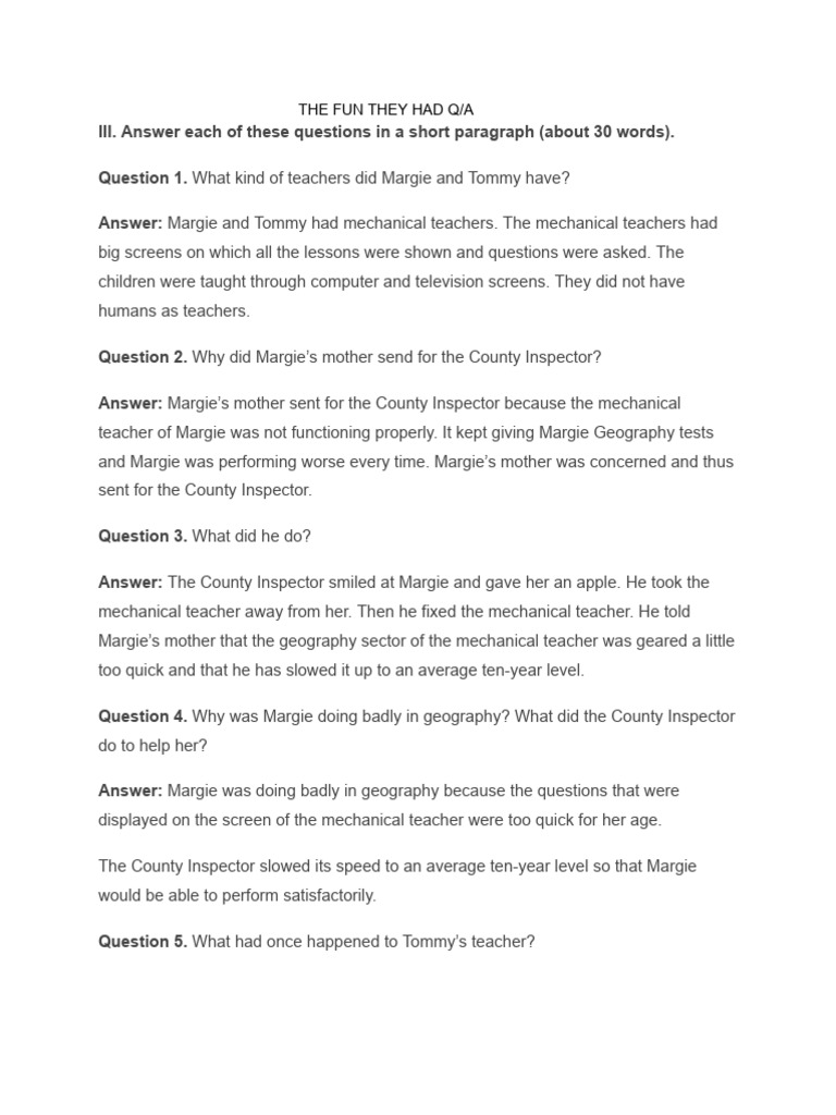 The Fun They Had: Q&A Guide | PDF | Question | Teachers