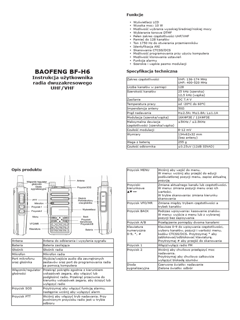 Instrukcja Radiotelefon Baofeng BF h6 | PDF