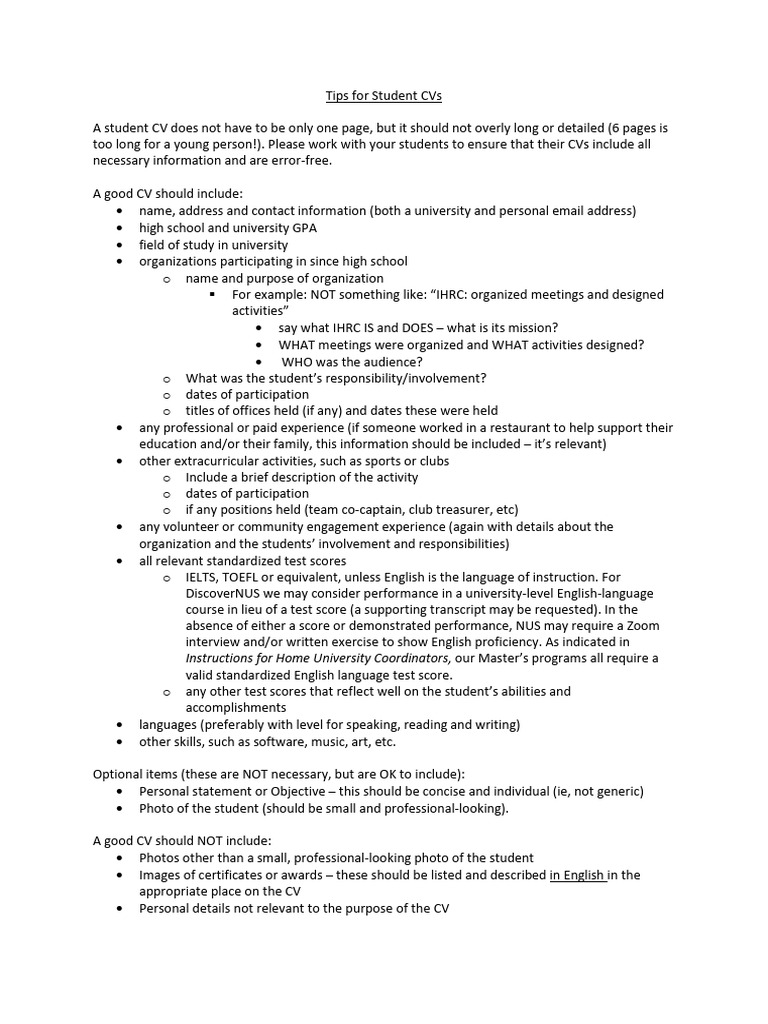 Hướng dẫn hoàn thành CV của NUS | PDF