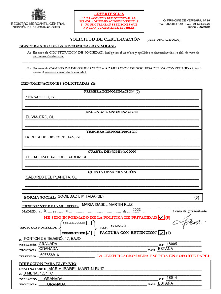 Anexo 1. Modelo de Solicitud de Certificación de La Denominación Social | PDF | Business