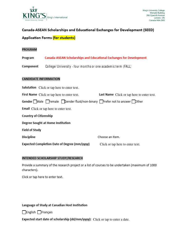 Canada-ASEAN Scholarship Application Form | PDF | Career & Growth ...