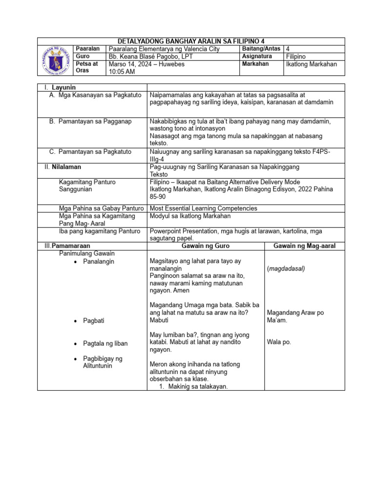 Banghay Aralin Sa Filipino 4 | PDF