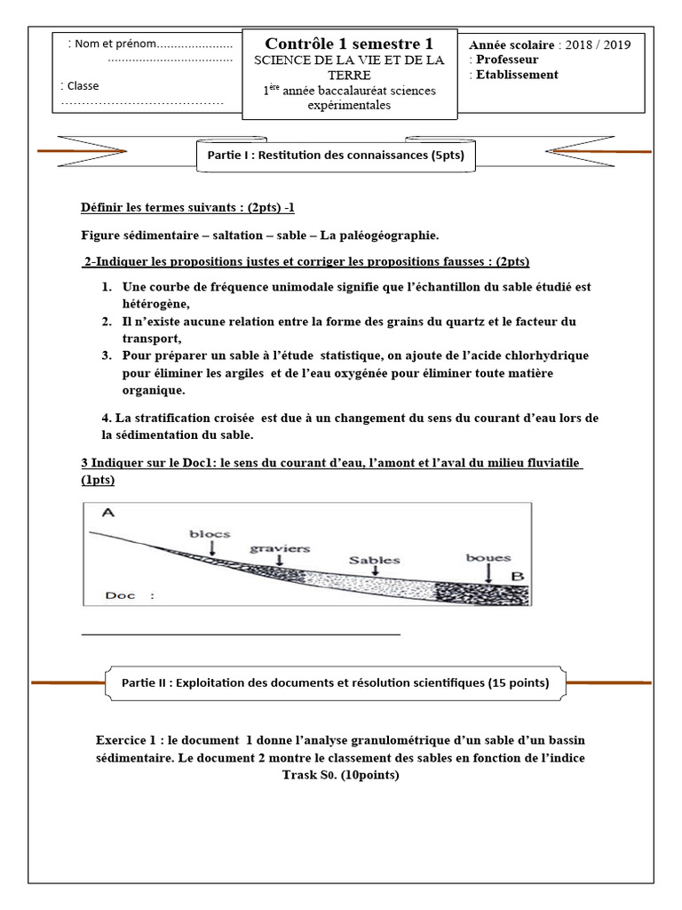 Contrôle SVT 1 Bac : Analyse Sédimentaire | PDF | Sable | Sédiment