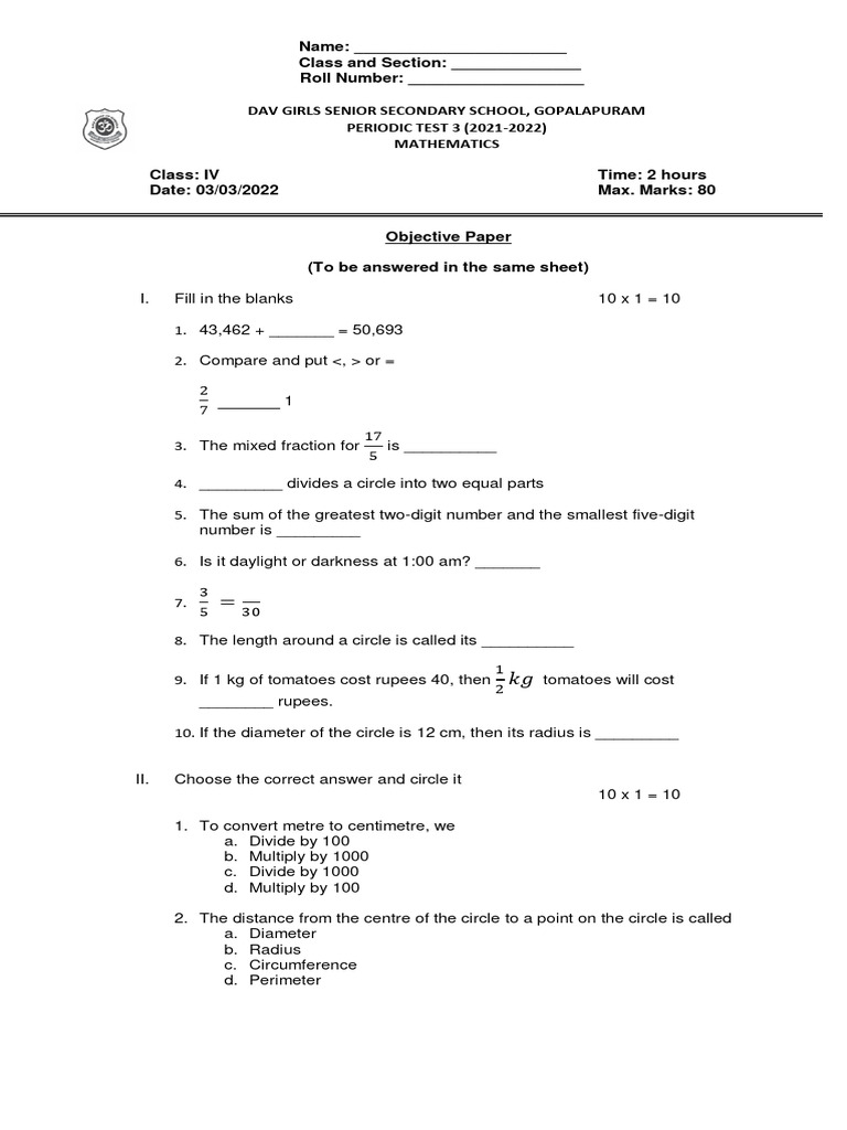 Class IV Mathematics Periodic Test 2022 | PDF | Circle | Euclidean Geometry