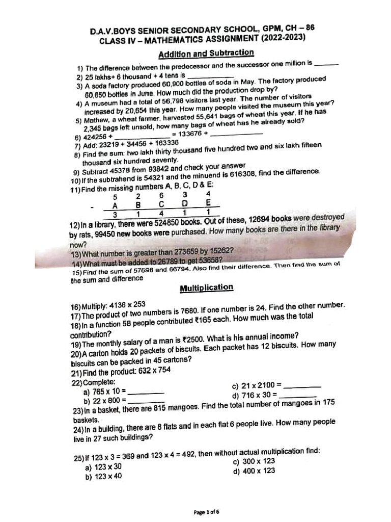 Dav Boys Maths Assignment Annual | PDF | Subtraction | Mathematics
