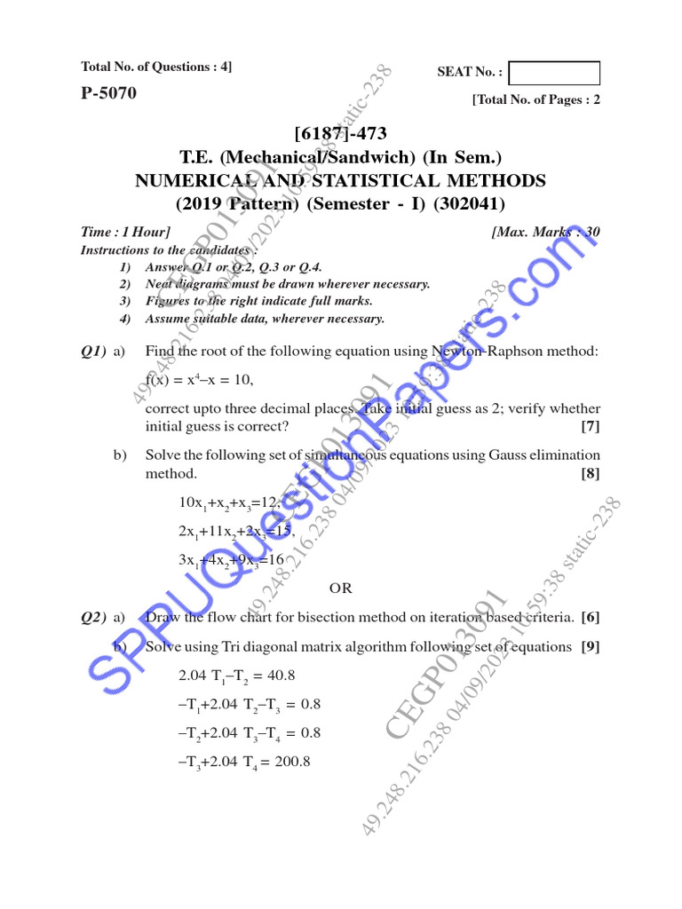 Be - Mechanical Engineering - Semester 5 - 2023 - September - Numerical and Statistical Methods ...