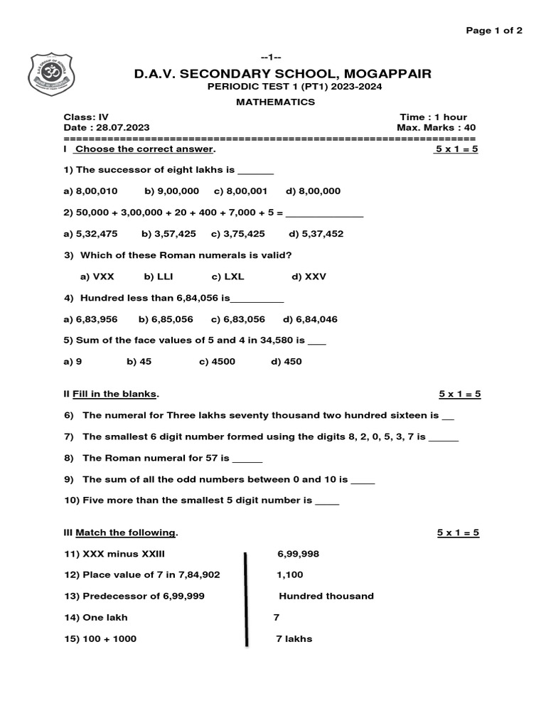 DAV Class 4 Maths PT1 Question Paper | PDF | Subtraction | Arithmetic