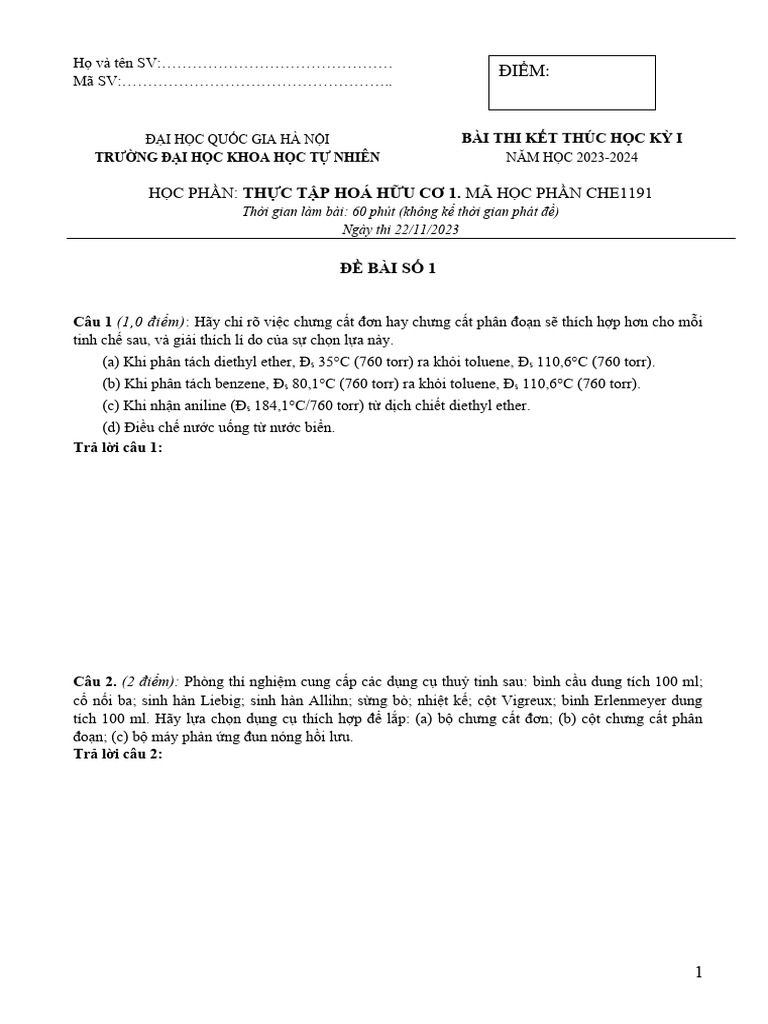 De Thi Thuc Tap Huu Co 1 HKI - 2023-2024 | PDF