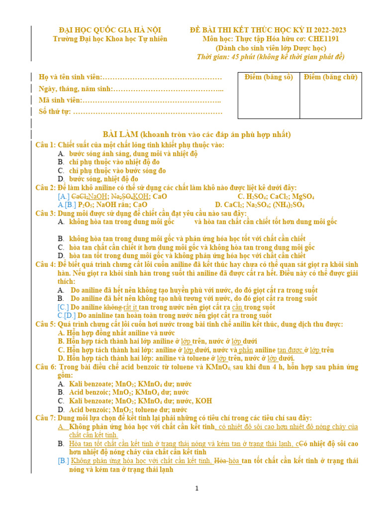 Mã 01 - Đề Thi TT Hữu Cơ 1, CHE1191, Lớp Dược Học, 20230507 | PDF