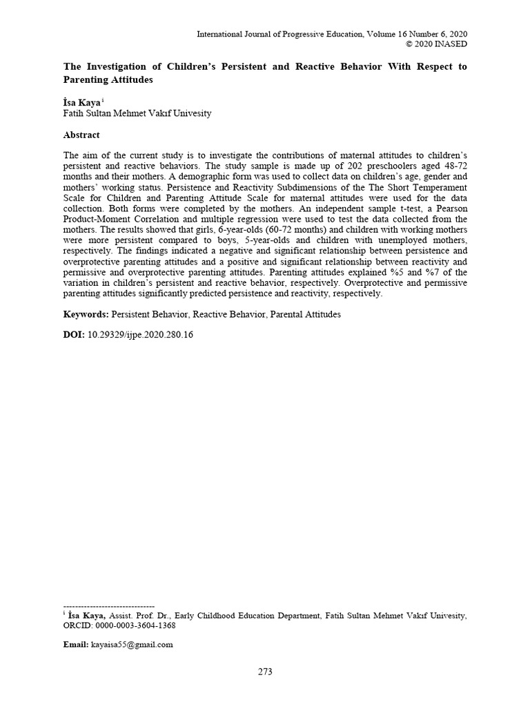 The Investigation of Children's Persistent and Reactive Behavior With ...