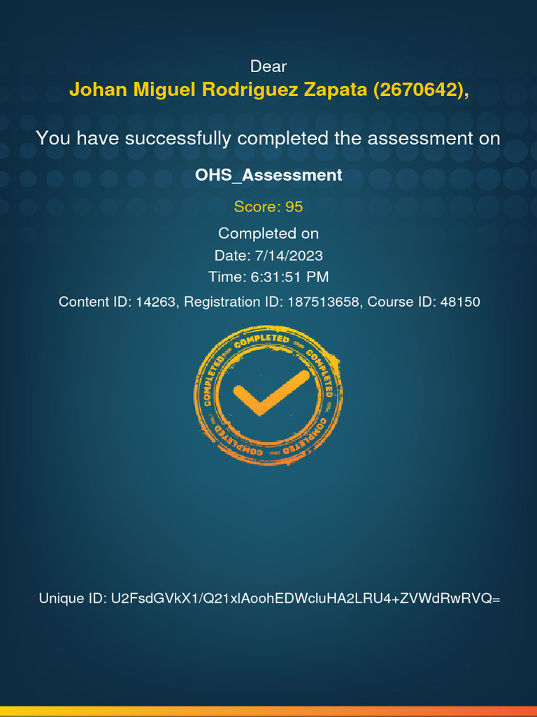 OHS Assessment Completion Certificate | PDF