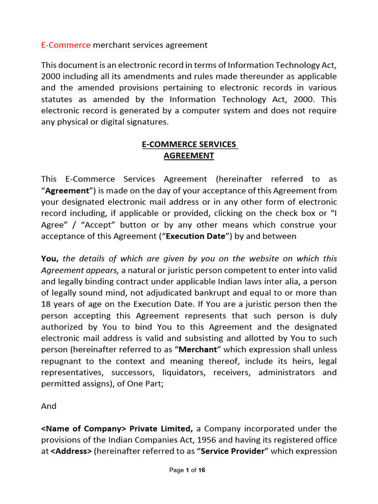 E-Commerce Merchant Services Agreement | PDF | Indemnity | Breach Of ... E-Commerce Merchant Services Agreement | PDF | Indemnity | Breach Of ...