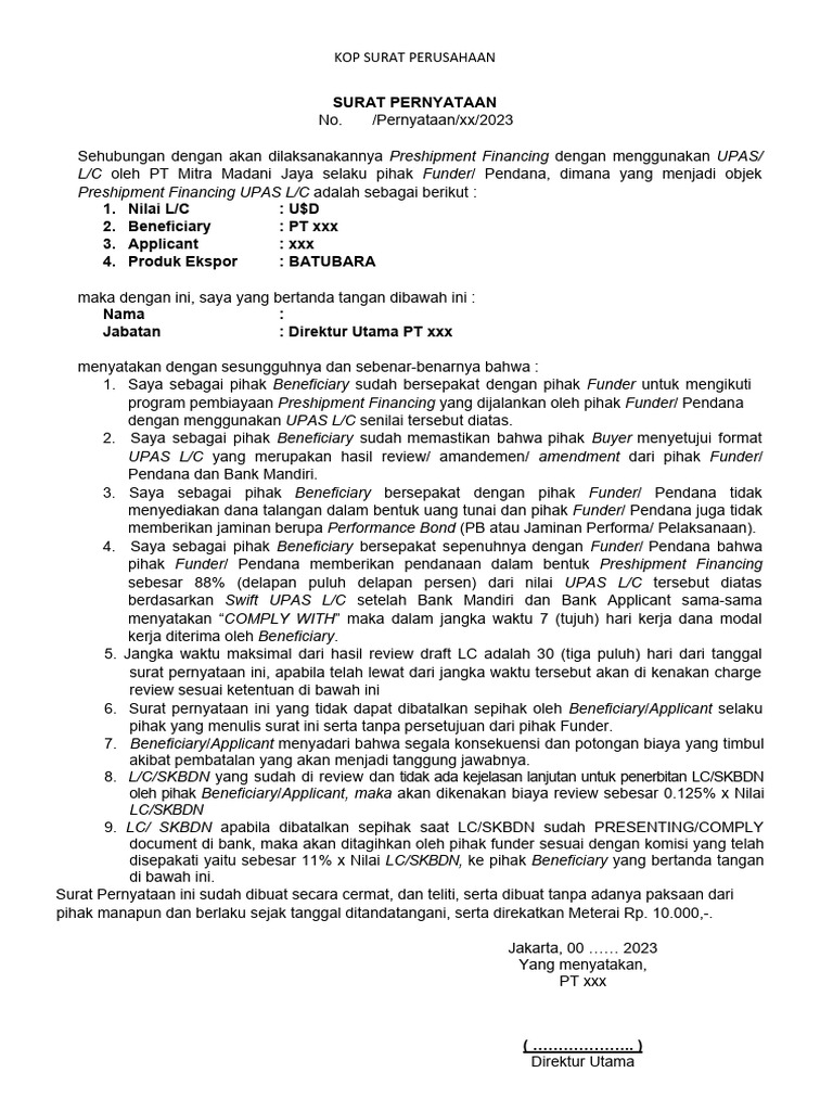 Surat Pernyataan Upas LC SKBDN | PDF