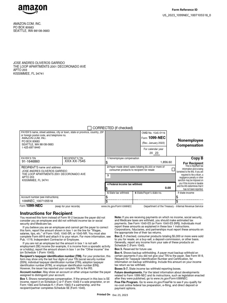 2023-1099NEC | PDF | Irs Tax Forms | United States Law