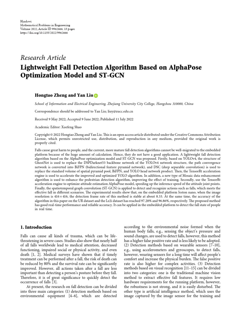 Lightweight Fall Detection Algorithm Based On Alph Pdf Computer 2697