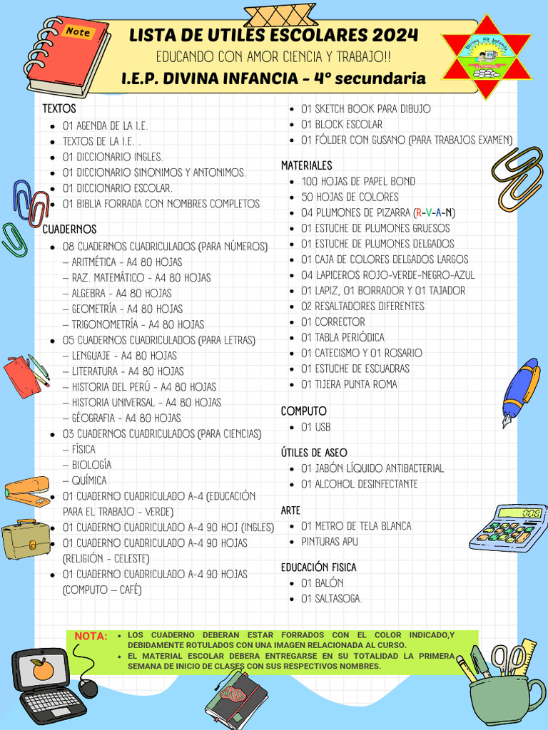 Checklist Materiales Escolares Ilustracion Infantil Celeste | PDF | Science