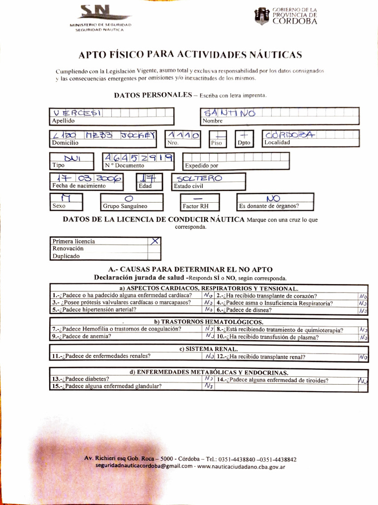 Apto Fisico Nautico | PDF | Medicina | Especialidades Medicas