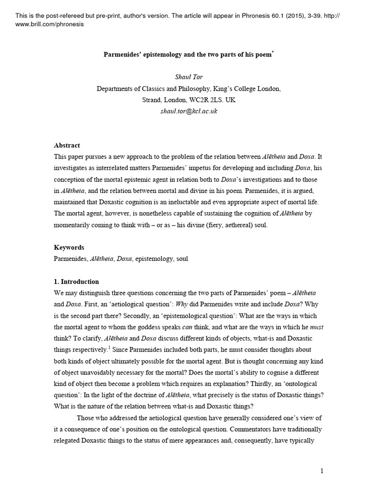 Parmenides Epistemology and The Two Part | PDF | Perception | Epistemology Parmenides Epistemology and The Two Part | PDF | Perception | Epistemology