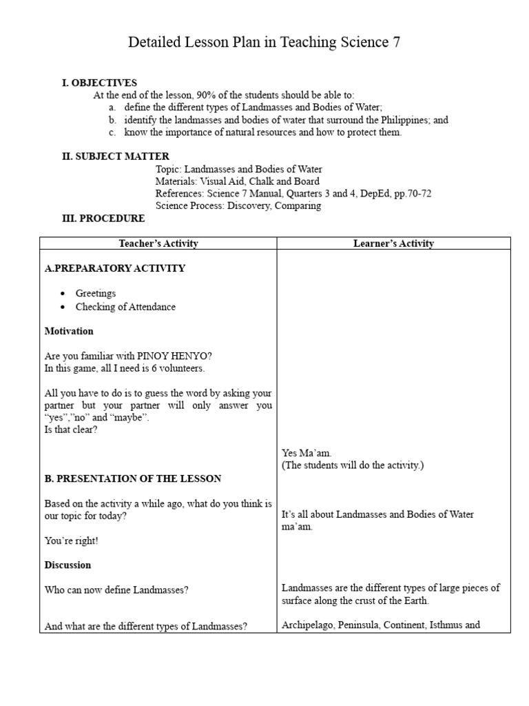 LANDMASSES AND BODIES OF WATER Simple Detailed Lesson Plan | PDF ...