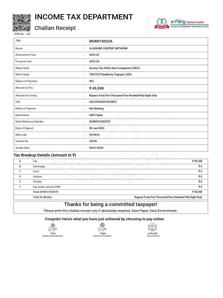 Income Tax Challan Receipt ITNS 281 | PDF | Taxes | Personal Finance