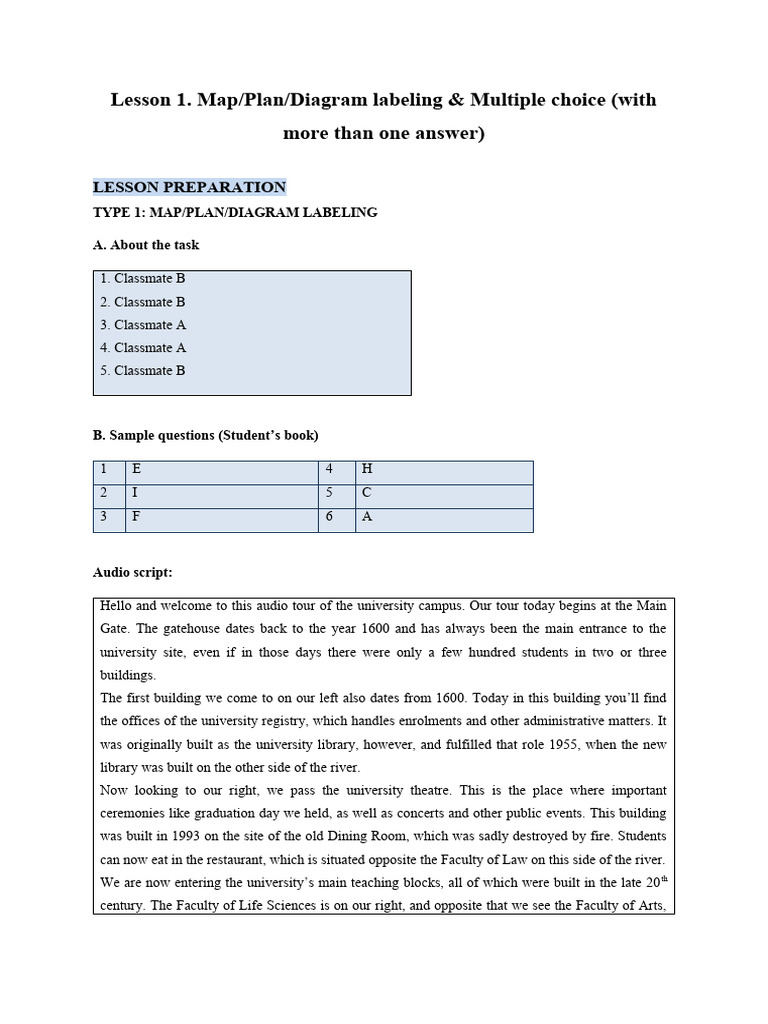 Answer Key. L1. Listening - Map, Plan, Diagram Labeling and Multiple ...