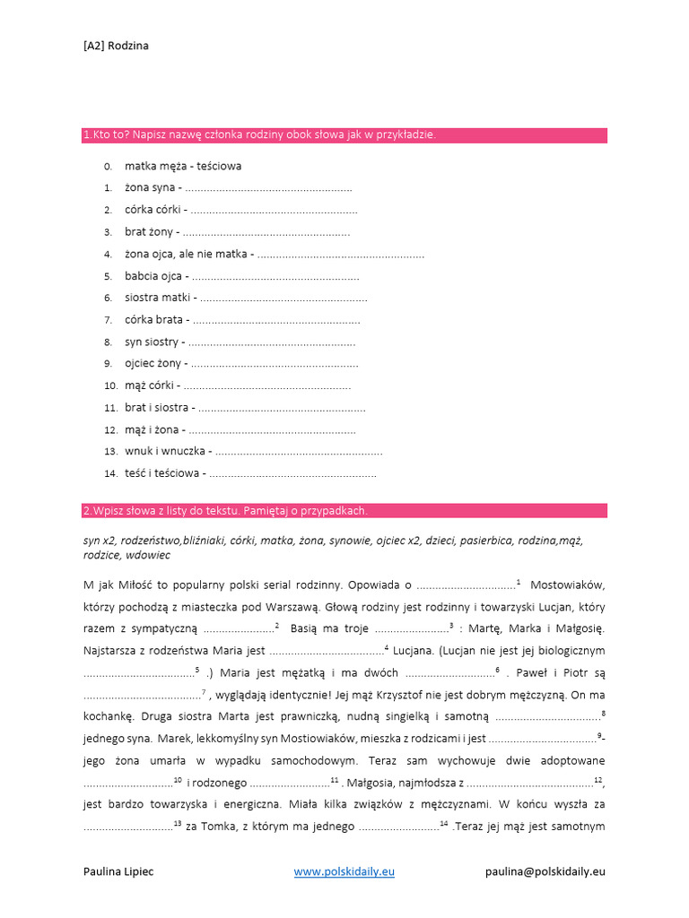 A2 Rodzina Slownictwo I Sluchanie | PDF