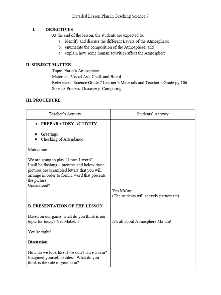 Grade 7 ATMOSPHERE Simple Detailed Lesson Plan | PDF | Atmosphere Of ...