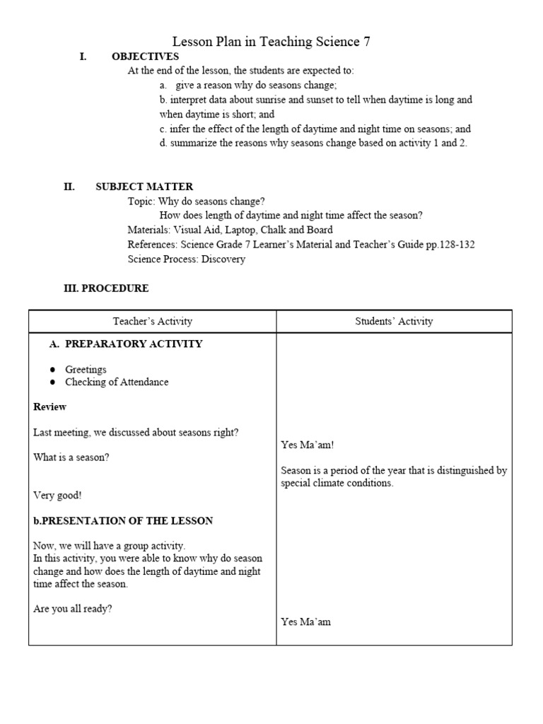 WHY SEASONS CHANGE Simple Detailed Lesson Plan | PDF | Earth Sciences