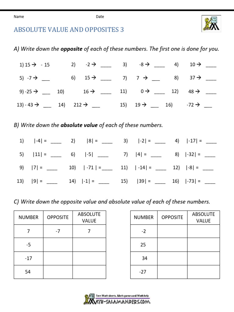 Absolute Value and Opposites | PDF | Teaching Methods & Materials ...