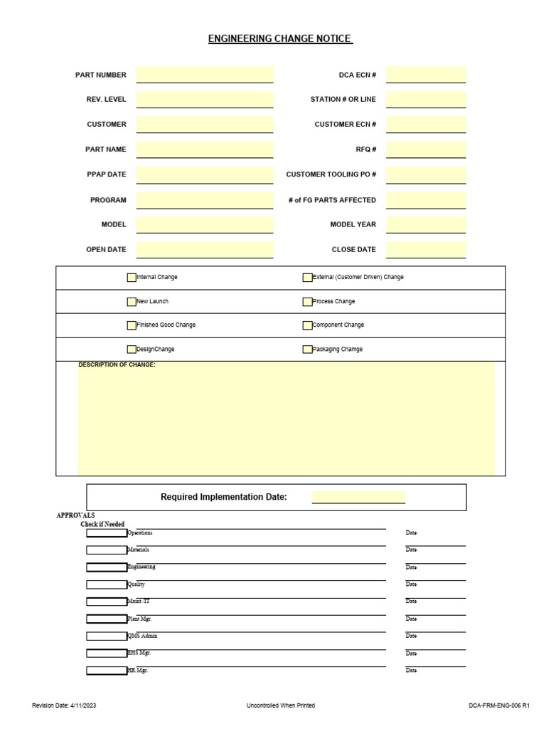 DCA-FRM-EnG-006 R1 Engineering Change Notice | PDF