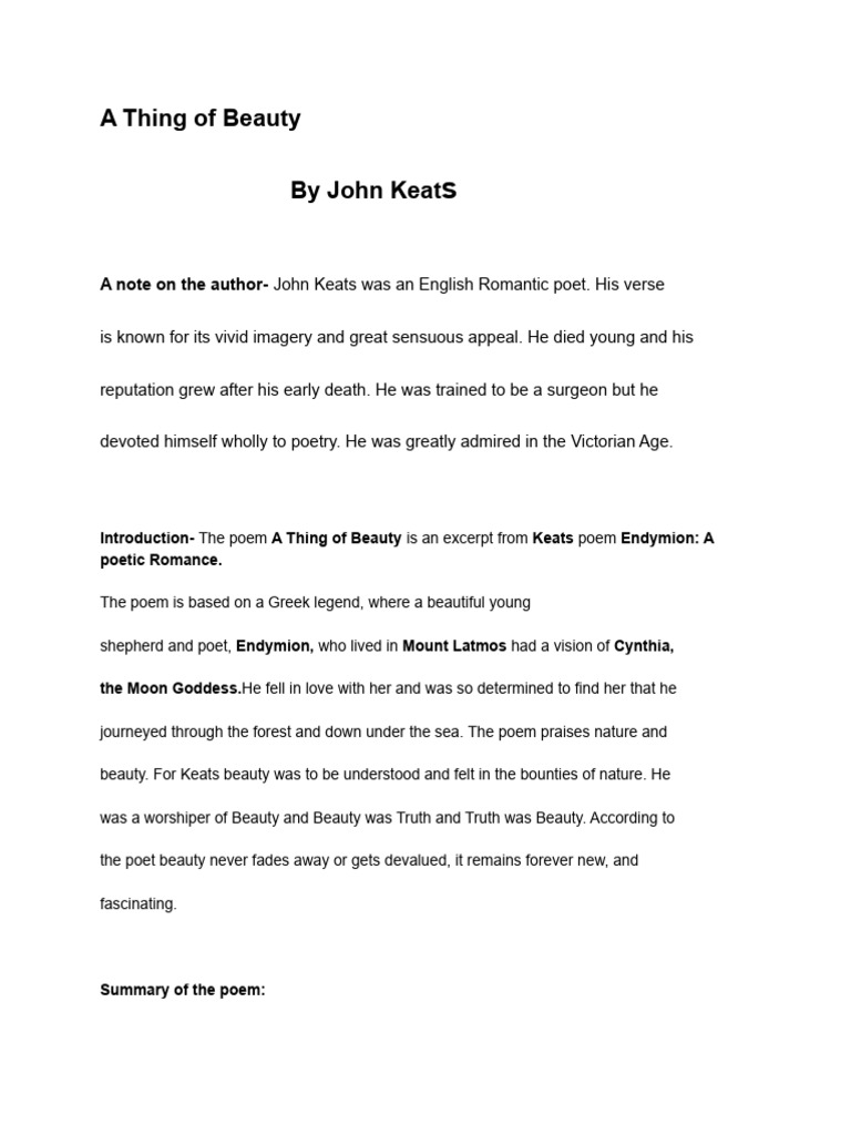 Summary of "A Thing of Beauty" | PDF | John Keats | Poetry