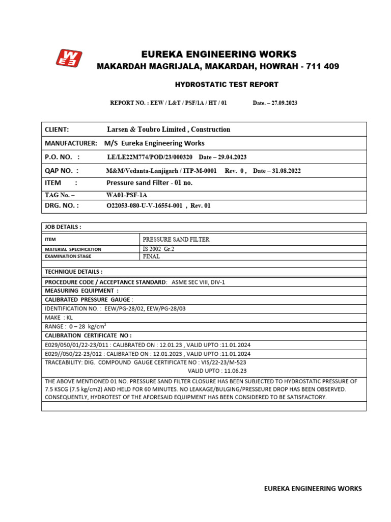 Hydro Test Report | PDF | Science & Mathematics