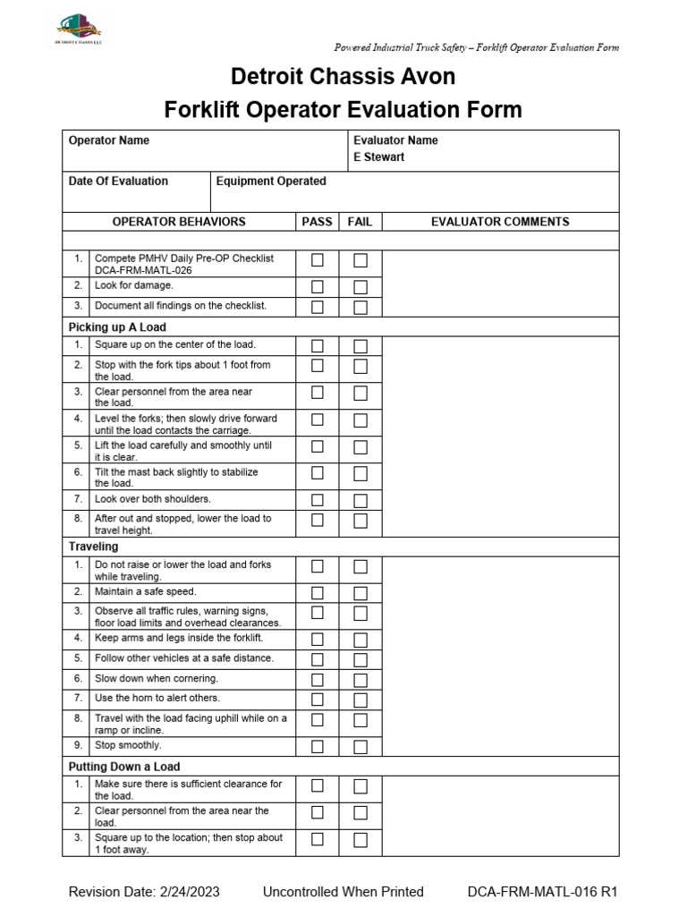 DCA-FRM-MATL-016 R1 Forklift Operator Evaluation Form | PDF | Forklift ...