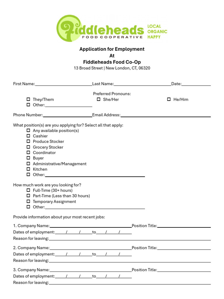 Fiddleheads Food Co-Op Job Application | PDF