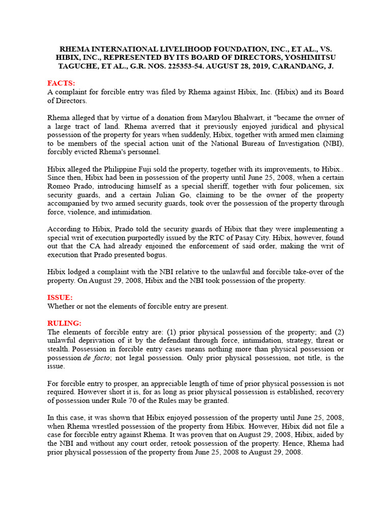 Forcible Entry Case Analysis | PDF | Lawsuit | Complaint